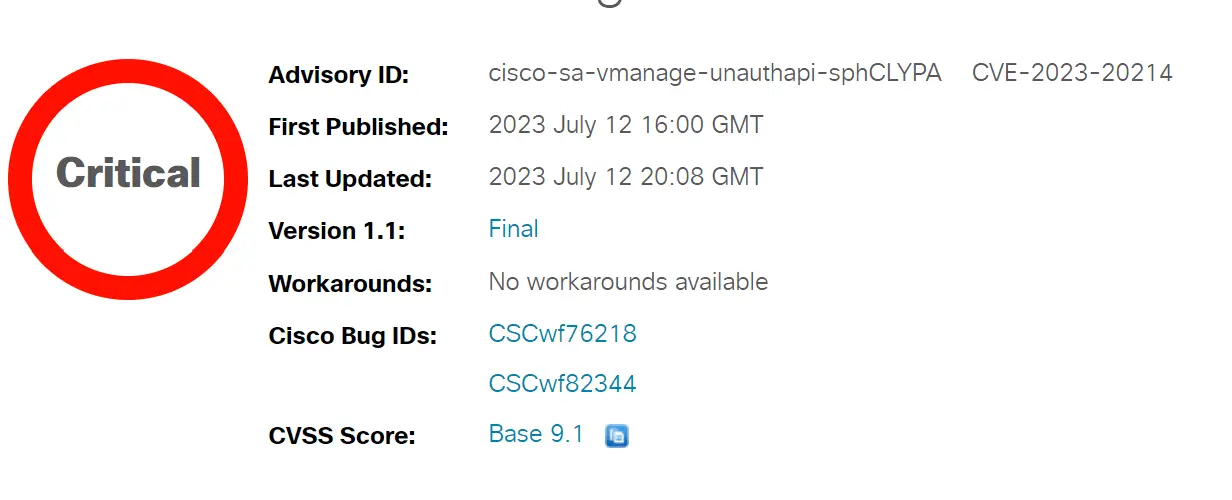 Cve 2023 20214 Cisco Sd Wan Vmanage Unauthenticated Rest Api Access Vulnerability