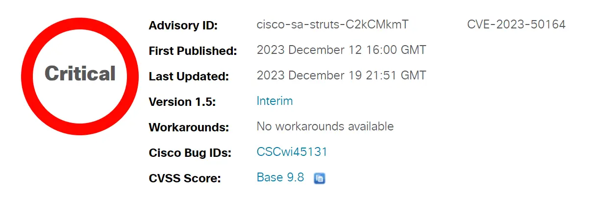 Apache Struts (CVE-2023-50164) RCE Vulnerability Affects some Cisco ... Apache Struts (CVE-2023-50164) RCE Vulnerability Affects some Cisco ...